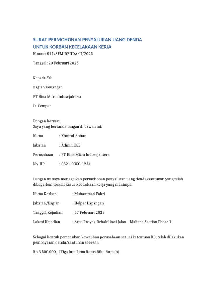 Permohonan Denda Kecelakaan Kerja | PDF