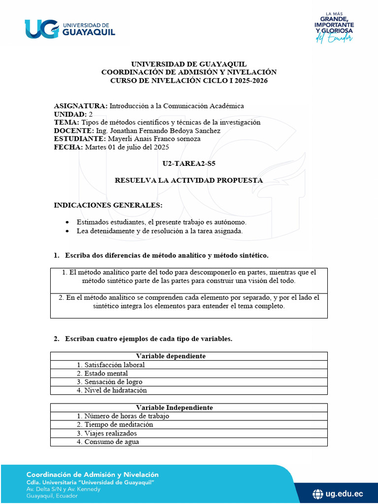 U2-TAREA 2-S5 Mayi Franco Metodo Analitico y Sintetico | PDF