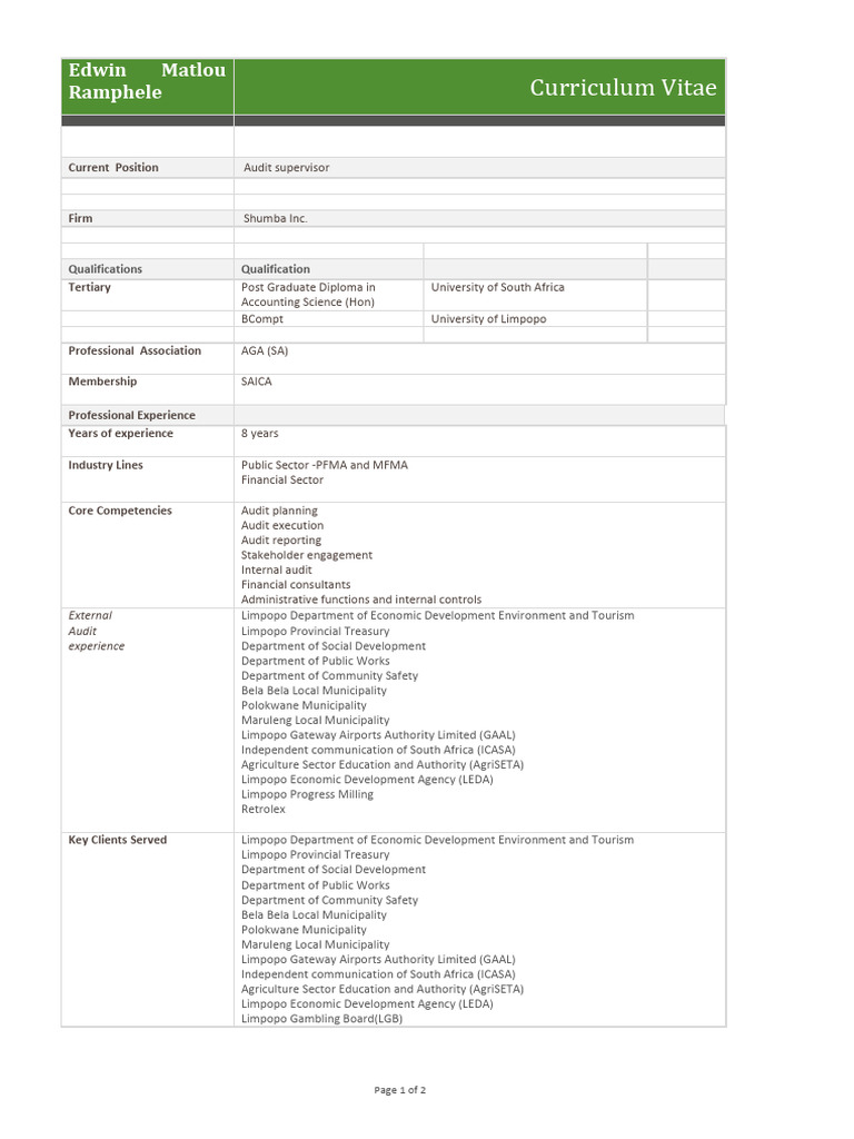 Audit Supervisor CV - Edwin Ramphele | PDF | Business | Accounting