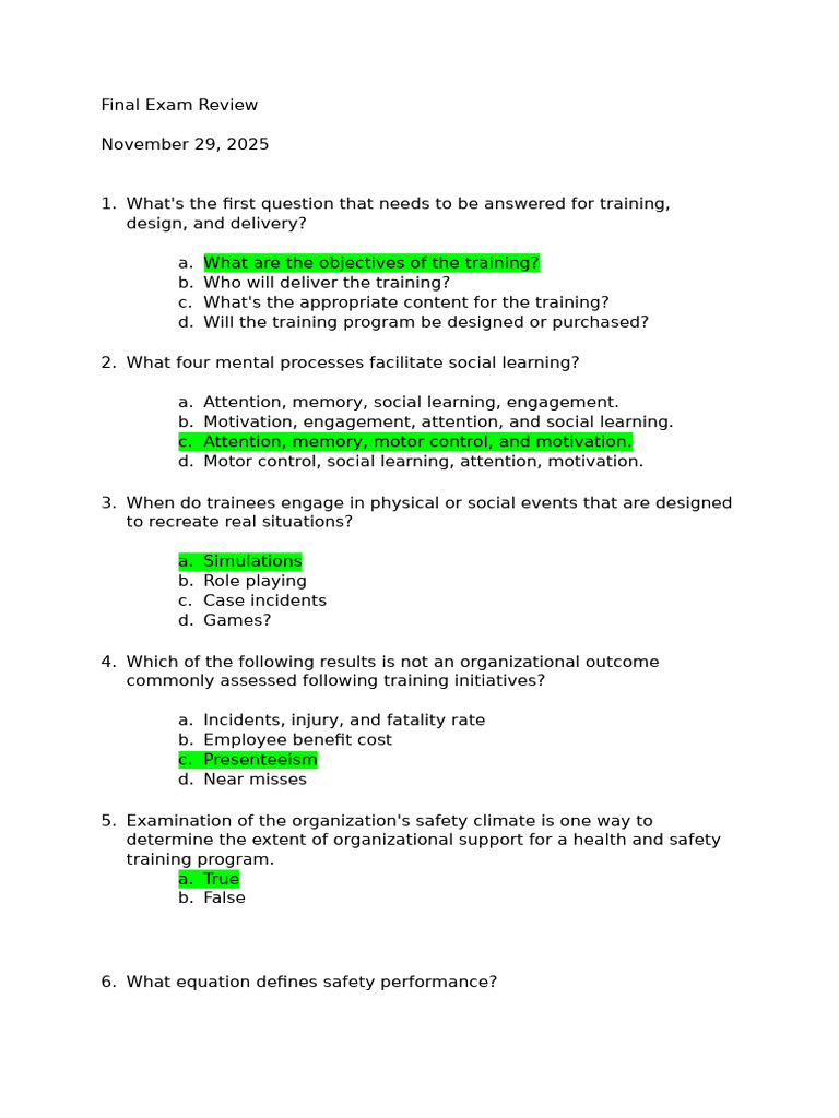 OHS Final Exam Chapter Review Questions | PDF | Employment | Learning