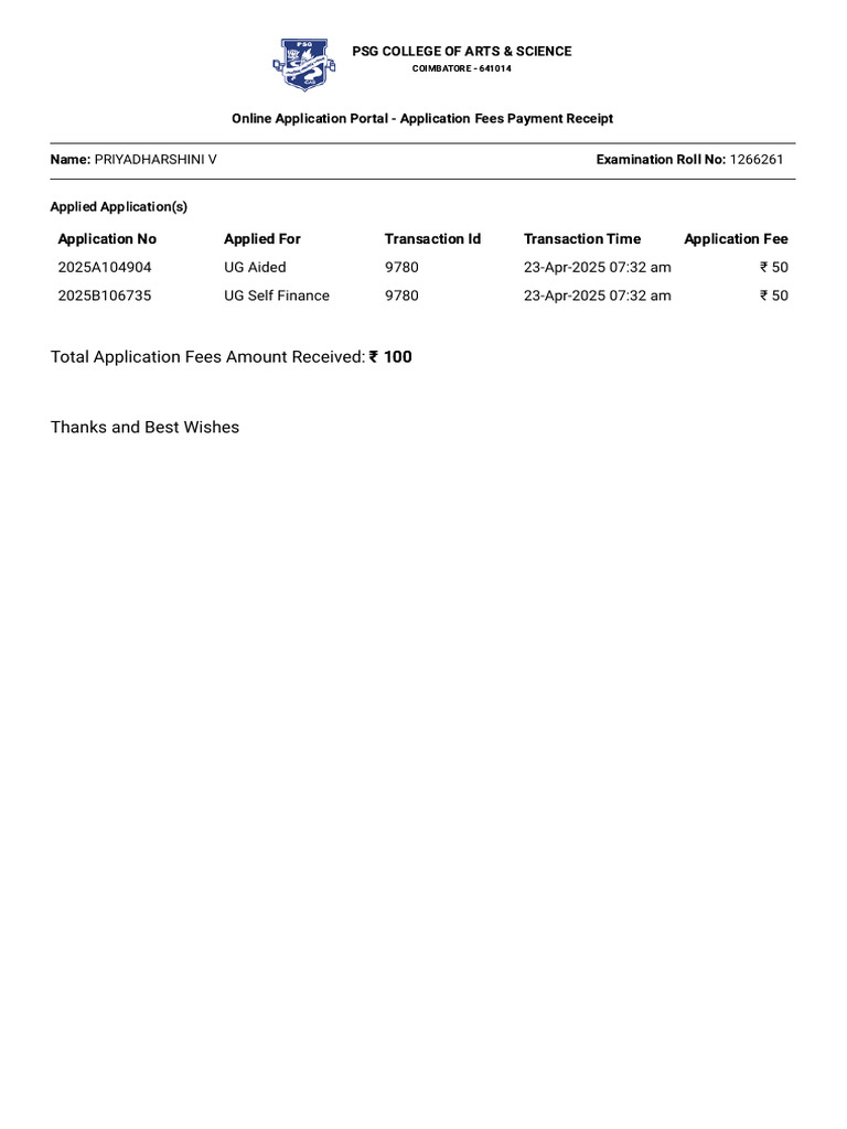 PSG Arts & Science Application Fee Receipt | PDF