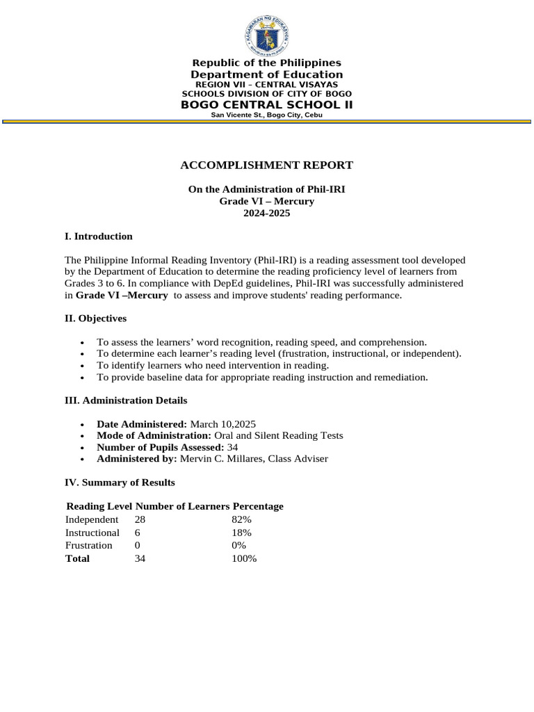 accomplishment phil iri report | PDF | Cognition | Learning Methods