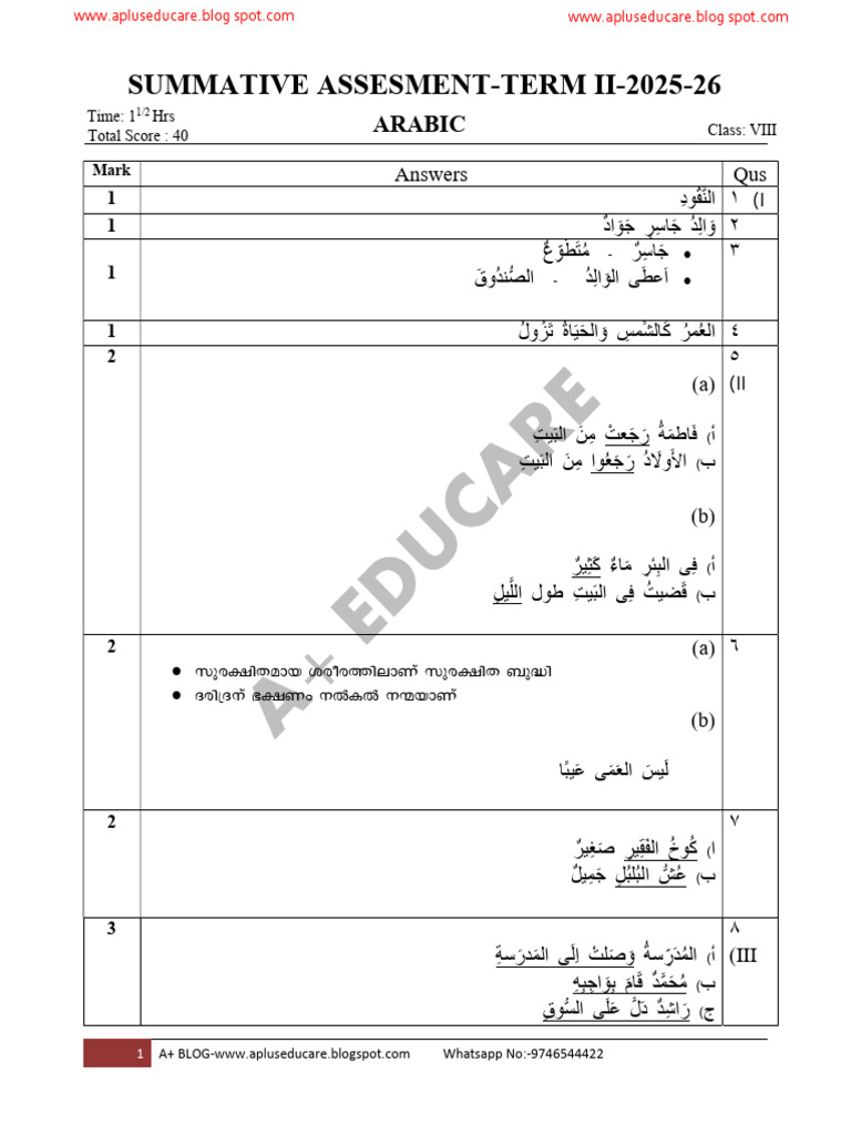 A+ Blog Class 8 Second Term Exam 2025 Arabic Ans Key 2 | PDF