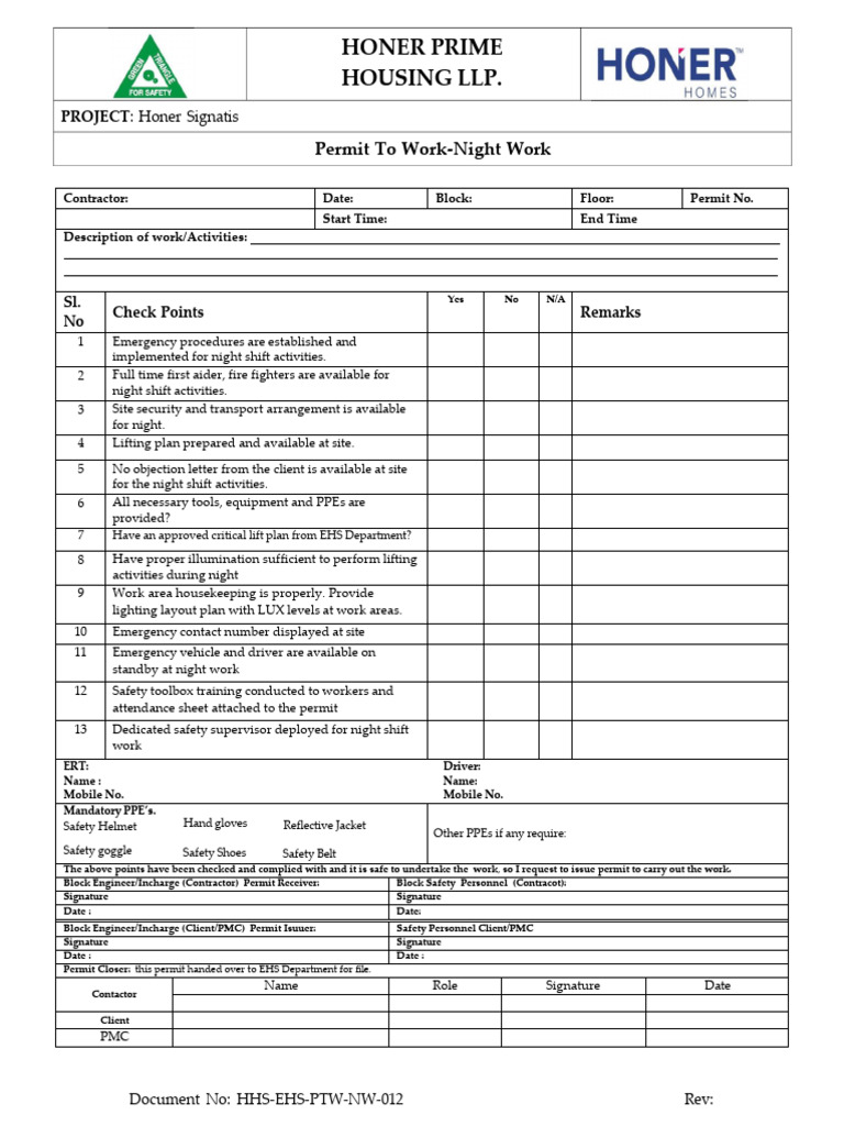 Permit to Work-Night Work | PDF | Personal Protective Equipment ...
