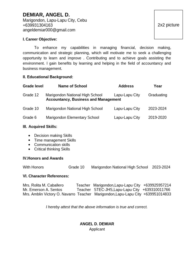 Angel D. Demiar's Resume Summary | PDF