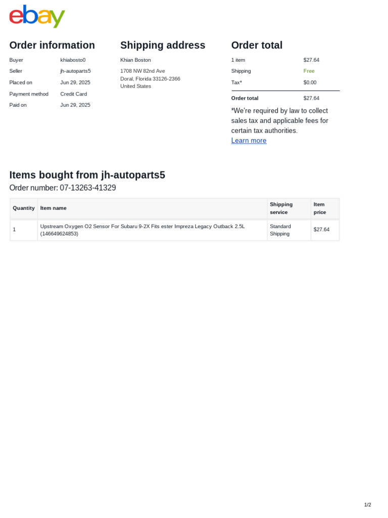 O2 Sensor Invoice | PDF