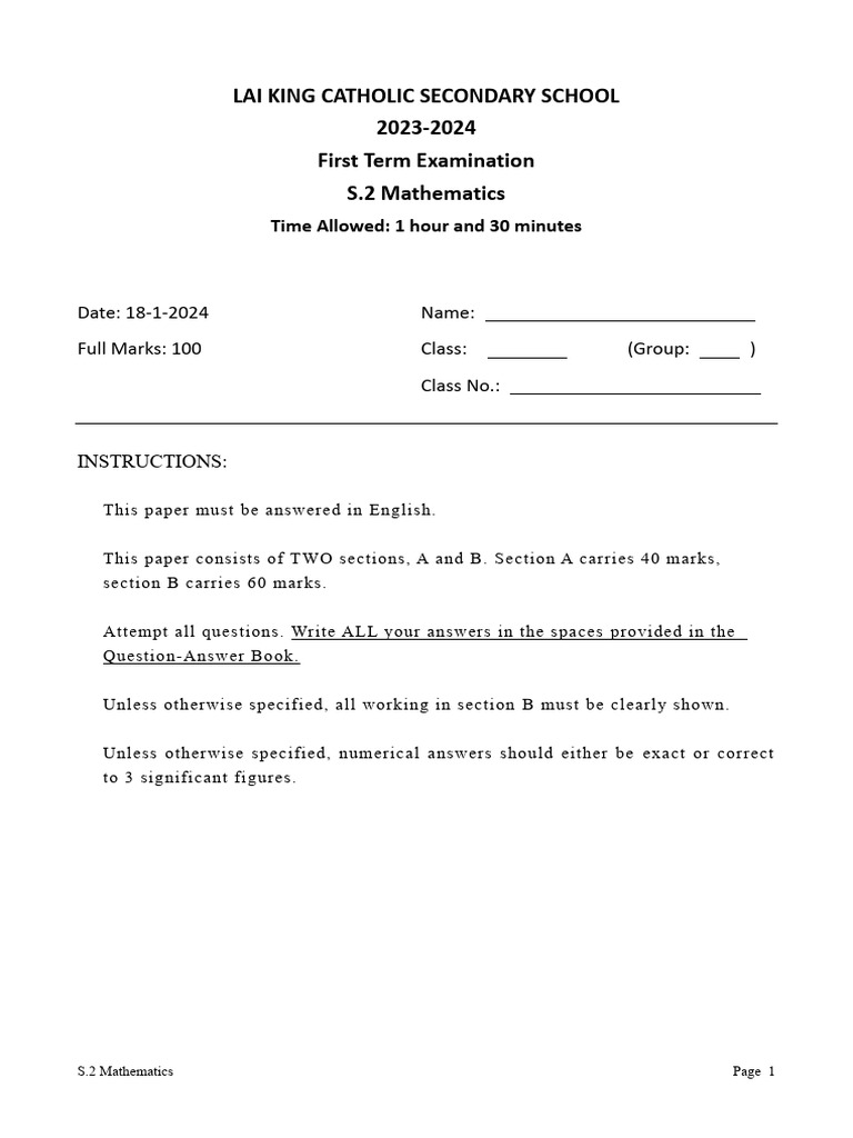 S2 Math First Exam 2324 | PDF