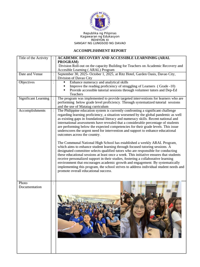 ARAL Program Accomplishment Report | PDF | Teachers | Pedagogy