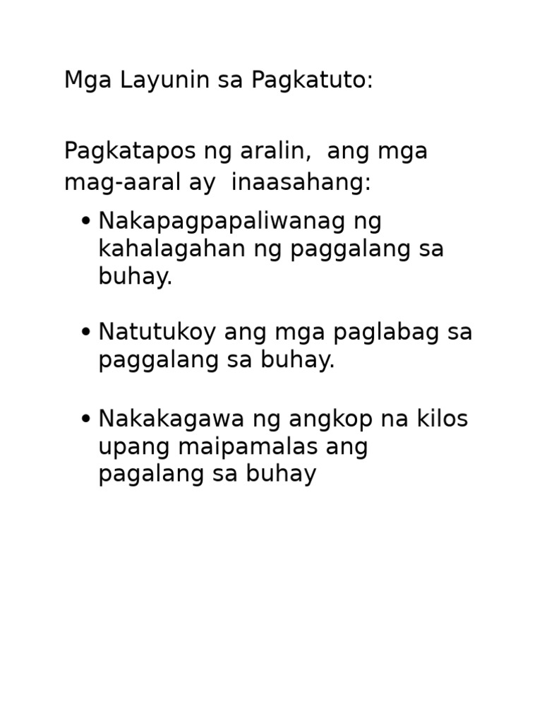 Mga Layunin Sa Pagkatuto | PDF