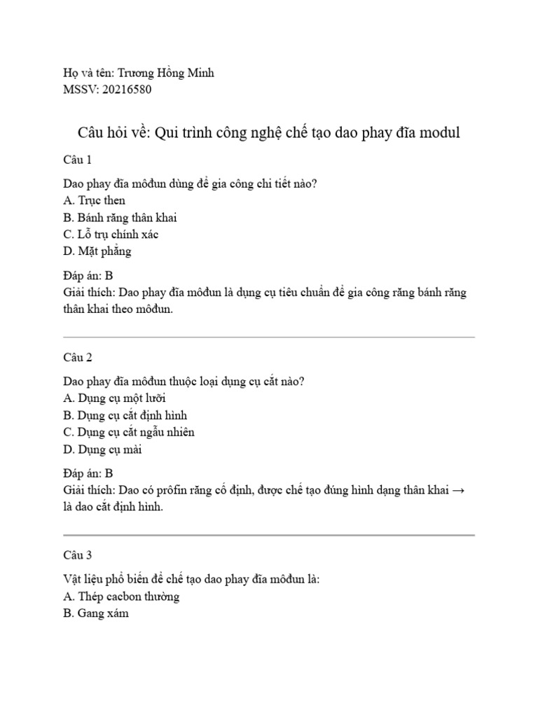 20 Câu Hỏi Về Dao Phay Đĩa Modul | PDF
