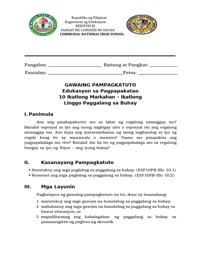 ESP10_Q3_W3_Paggalang-sa-Buhay.CQA.GQA.LRQA | PDF