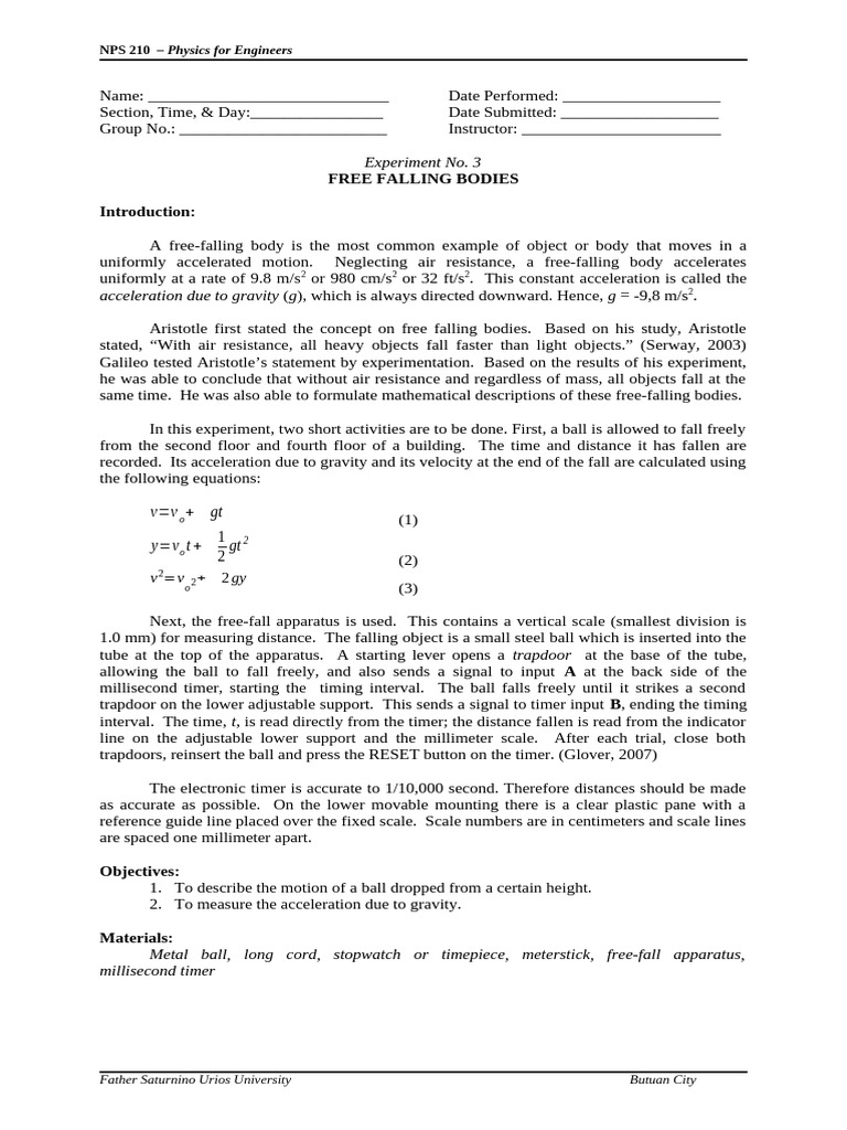 Expt.-3.-Free-falling-bodies | PDF | Mechanics | Classical Mechanics
