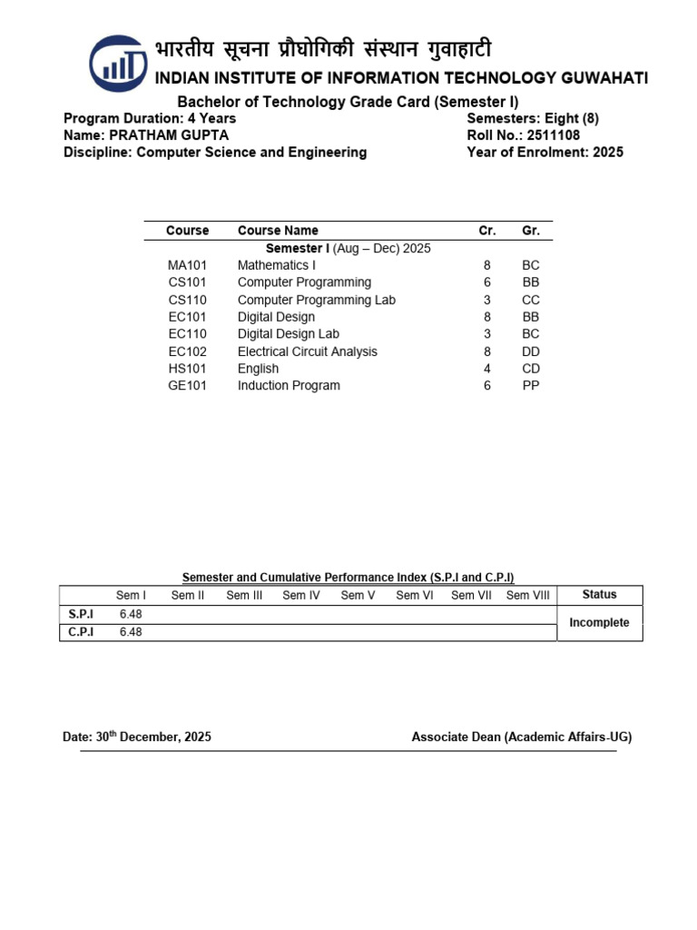 B.Tech Grade Card - IIIT Guwahati | PDF | Mathematics