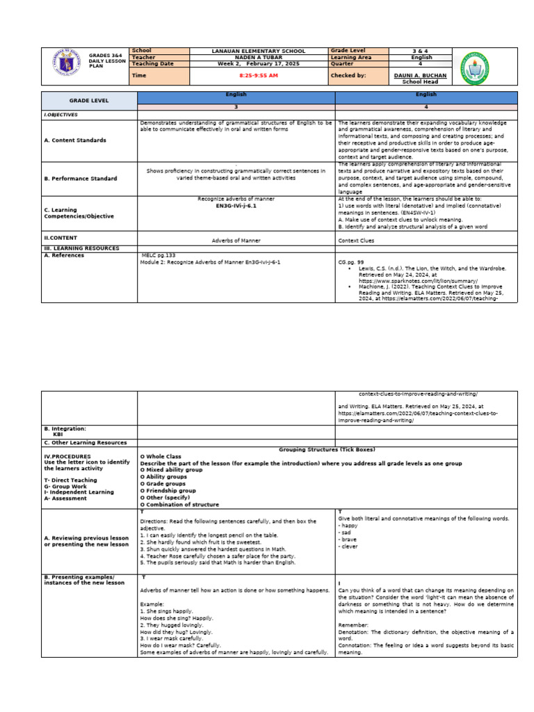 English Lesson Plan for Grades 3 & 4 | PDF | Reading Comprehension ...