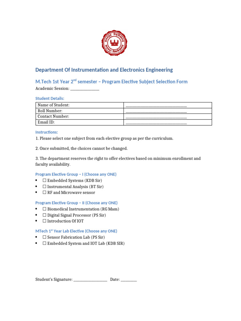 MTech Elective Subject Selection Form (2nd Sem) | PDF
