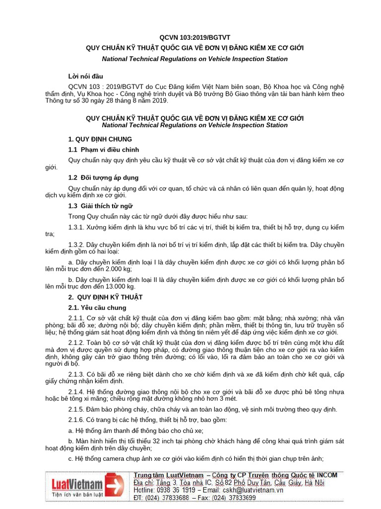 QCVN 103 2019 BGTVT Don Vi Dang Kiem Xe Co Gioi | PDF