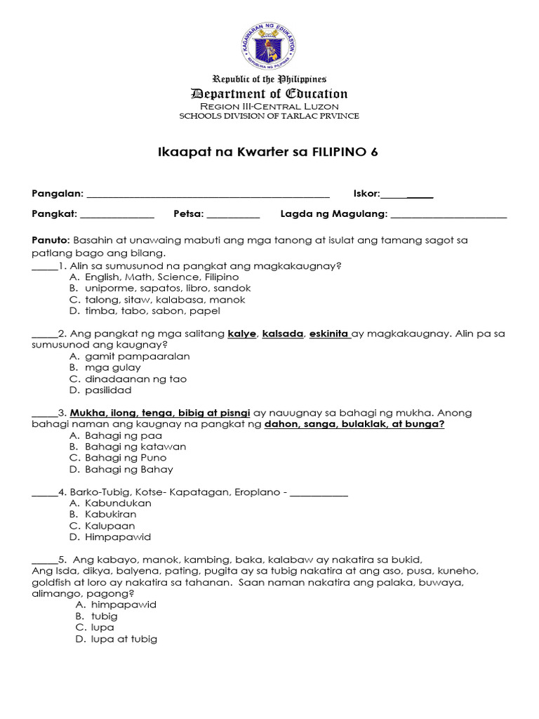 Filipino - 6 - Q4 - Test | PDF