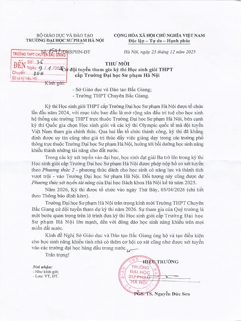 1542.ĐH SPHN. Thư Mời Cử Đội Tuyển Tham Gia Kỳ Thi HSG THPT Trường ĐH ...