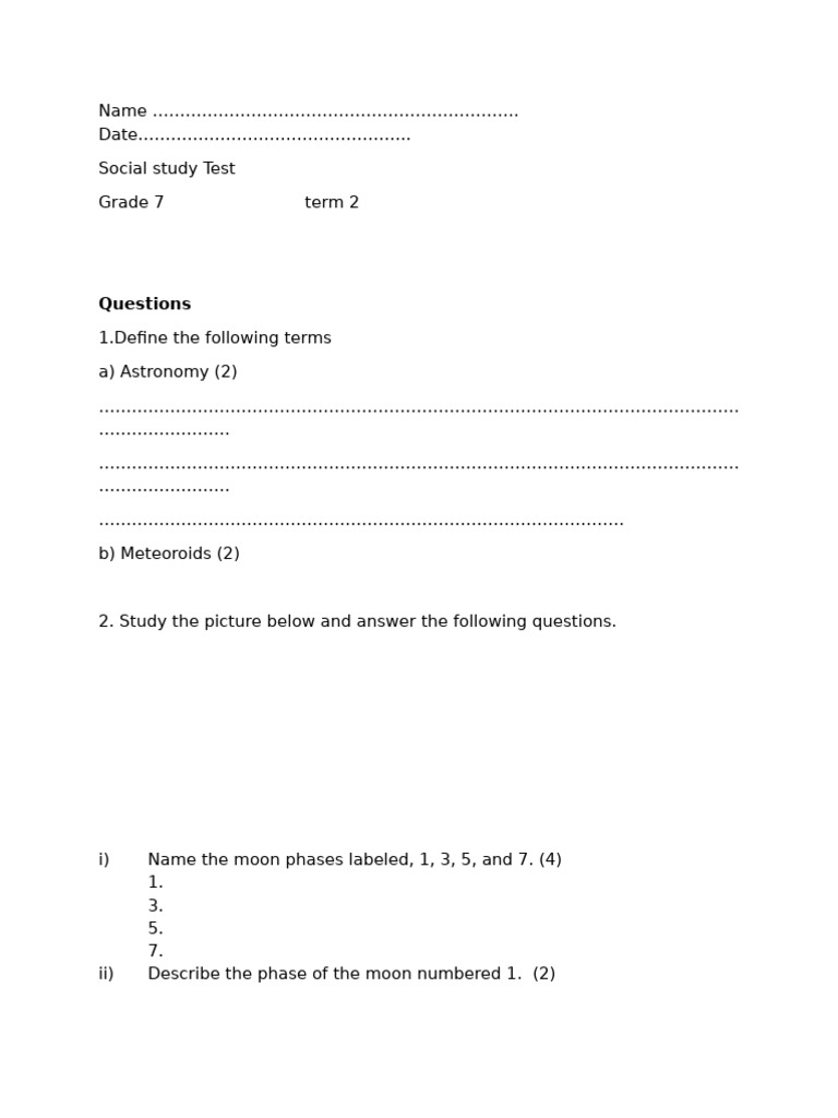 Grade 7 Social Study Test: Astronomy & Disasters | PDF