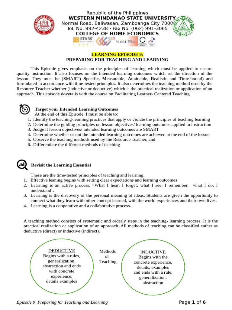 9. Episode 9 Preparing for Teaching and Learning | PDF | Learning | Teaching Method