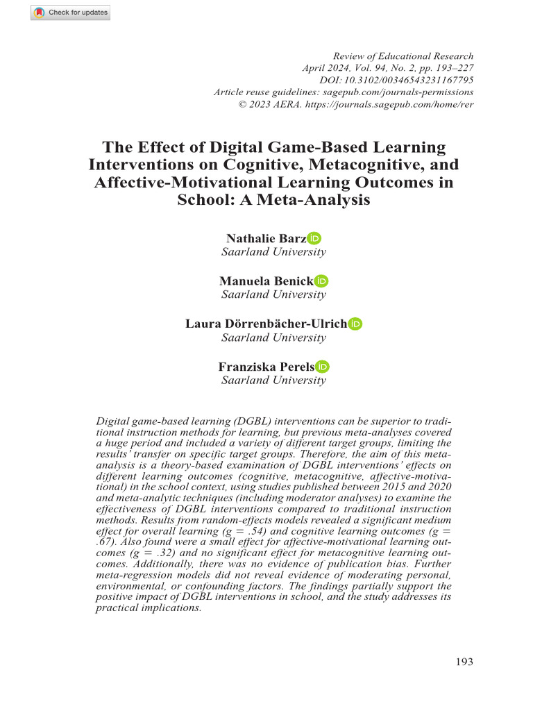 Barz, N., Benick, M., Dörrenbächer-Ulrich, L., & Perels, F. (2024). The ...
