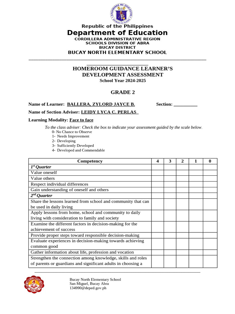 Homeroom Guidance Learner’s Development Assessment (Grade 1-3) - Deped_tambayan | PDF | Decision ...