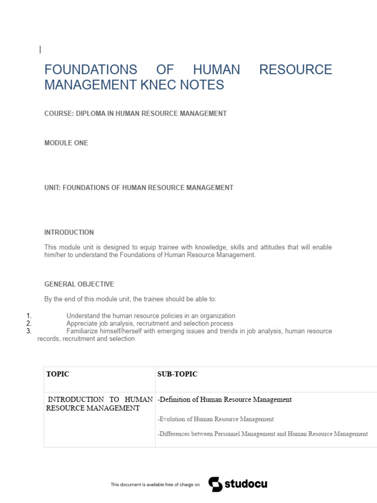 Foundations of Human Resource Management Knec Notes | PDF | Human ...