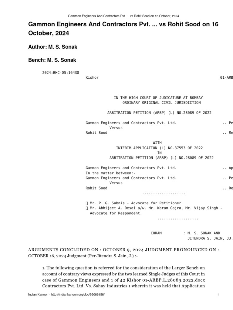 Gammon Engineers and Contractors Pvt vs Rohit Sood on 16 October 2024 ...