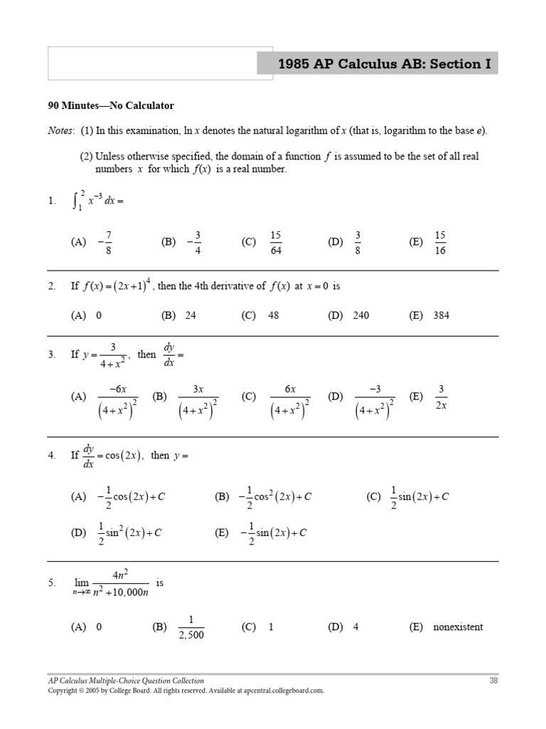 AP Calculus AB 1985 MCQ Collection | PDF | Function (Mathematics ...