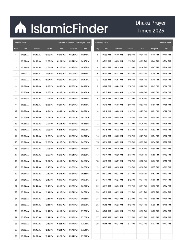 Dhaka Prayer Time Calendar | PDF