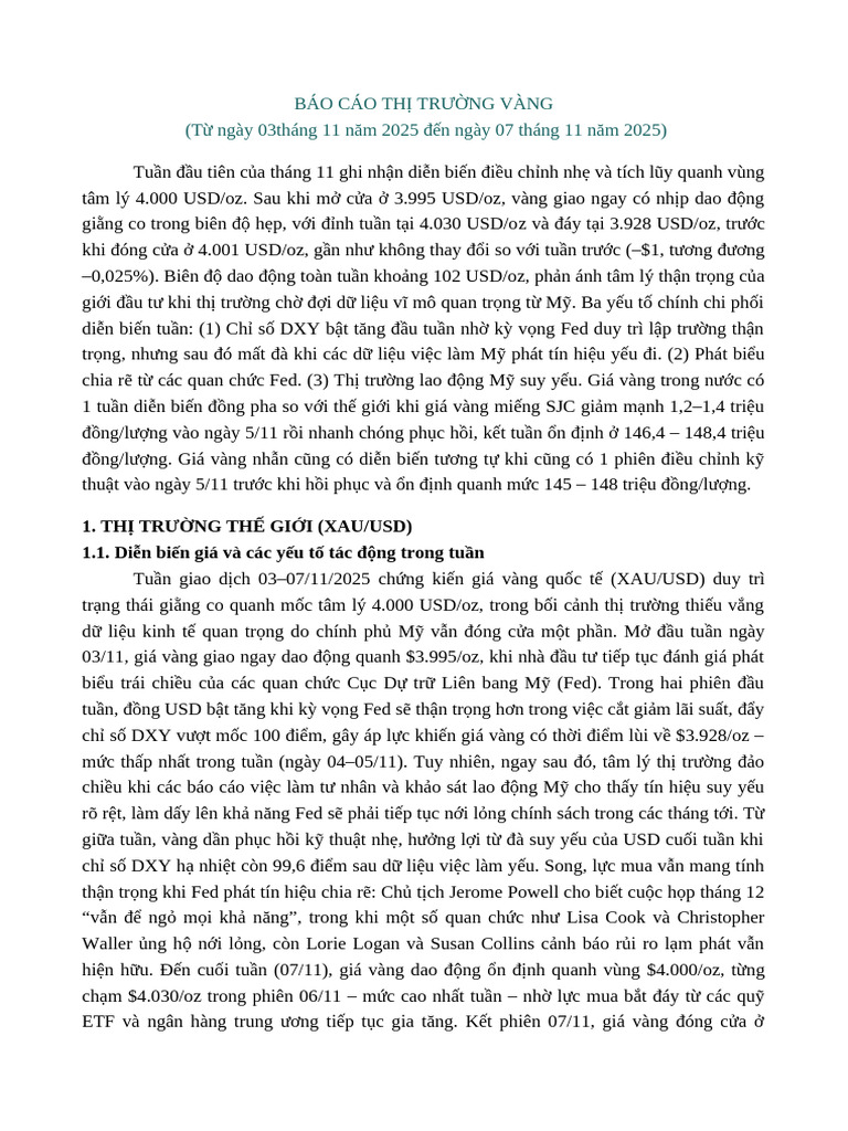 Thị Trường Vàng Tuần 1 Từ 03_11 | PDF