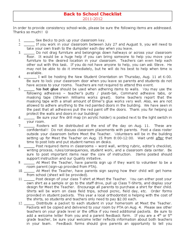Back To School Checklist | PDF | Classroom | Adhesive