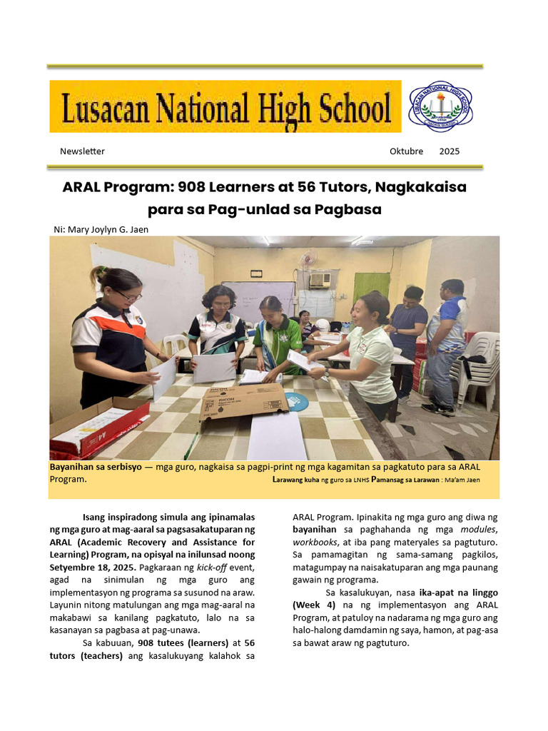 ARAL PROGRAM Accomplishment -Newsletter PDF File | PDF