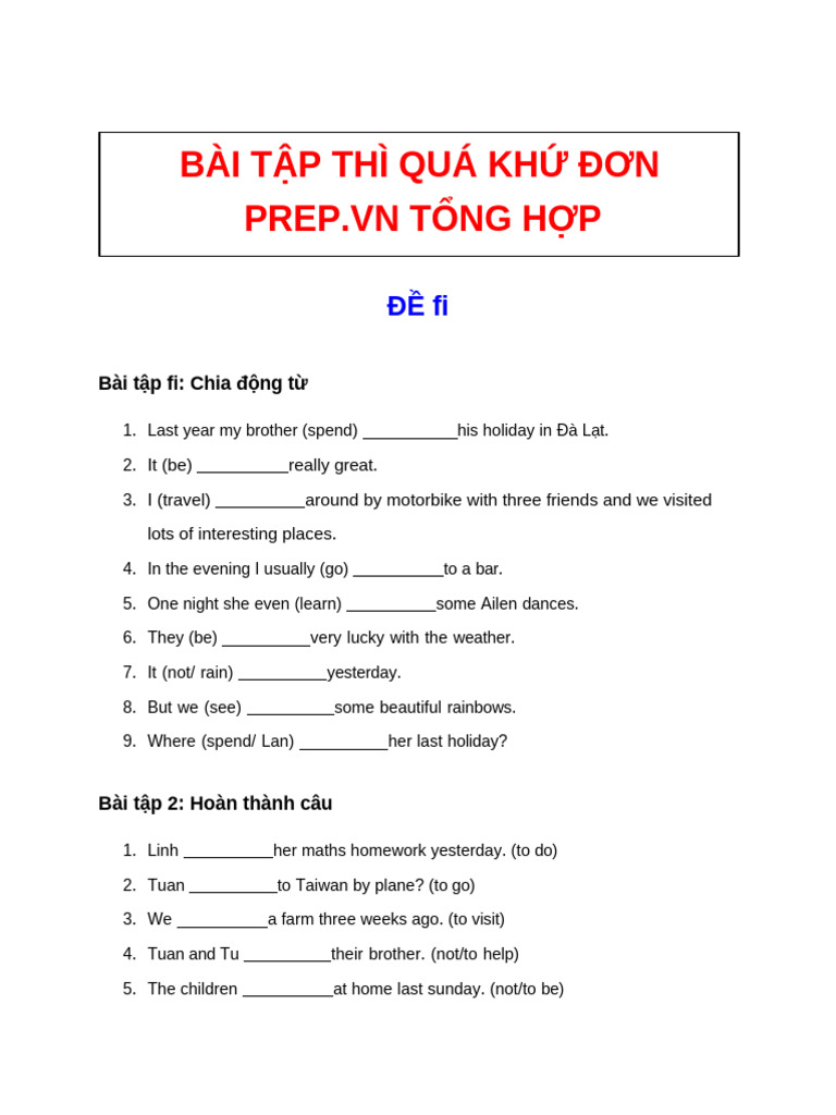 BÀI TẬP THÌ QUÁ KHỨ ĐƠN - PREP.VN SƯU TẦM | PDF | Snow White