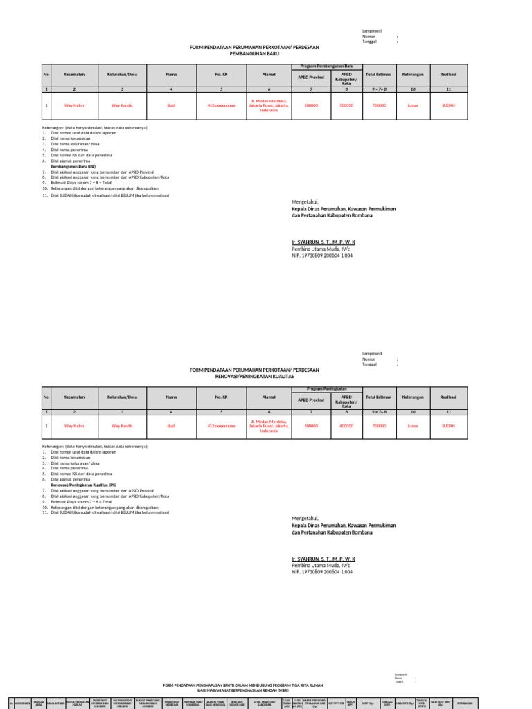 Formulir Pendataan Pembangunan Perumahan | PDF