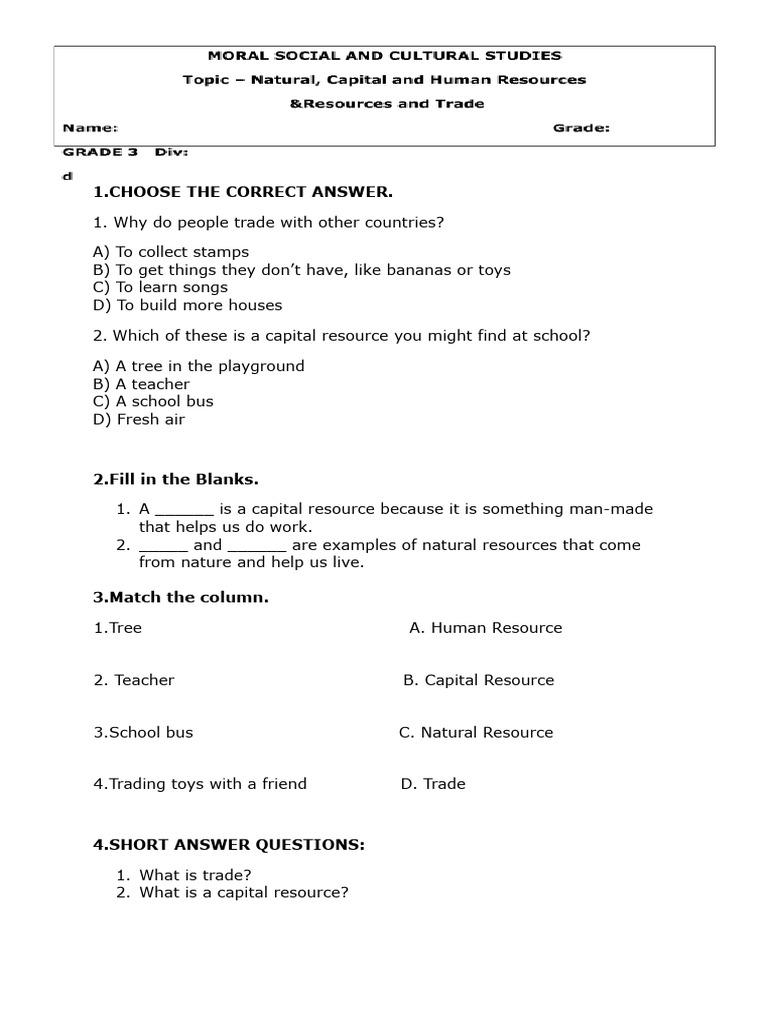 Practice Work Sheet Natural,Capital and Human Resources & Trade and ...