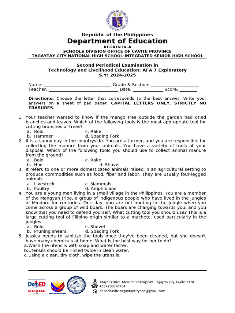 TLE Exam Questions for Grade 7 Students | PDF | Vegetables | Agriculture
