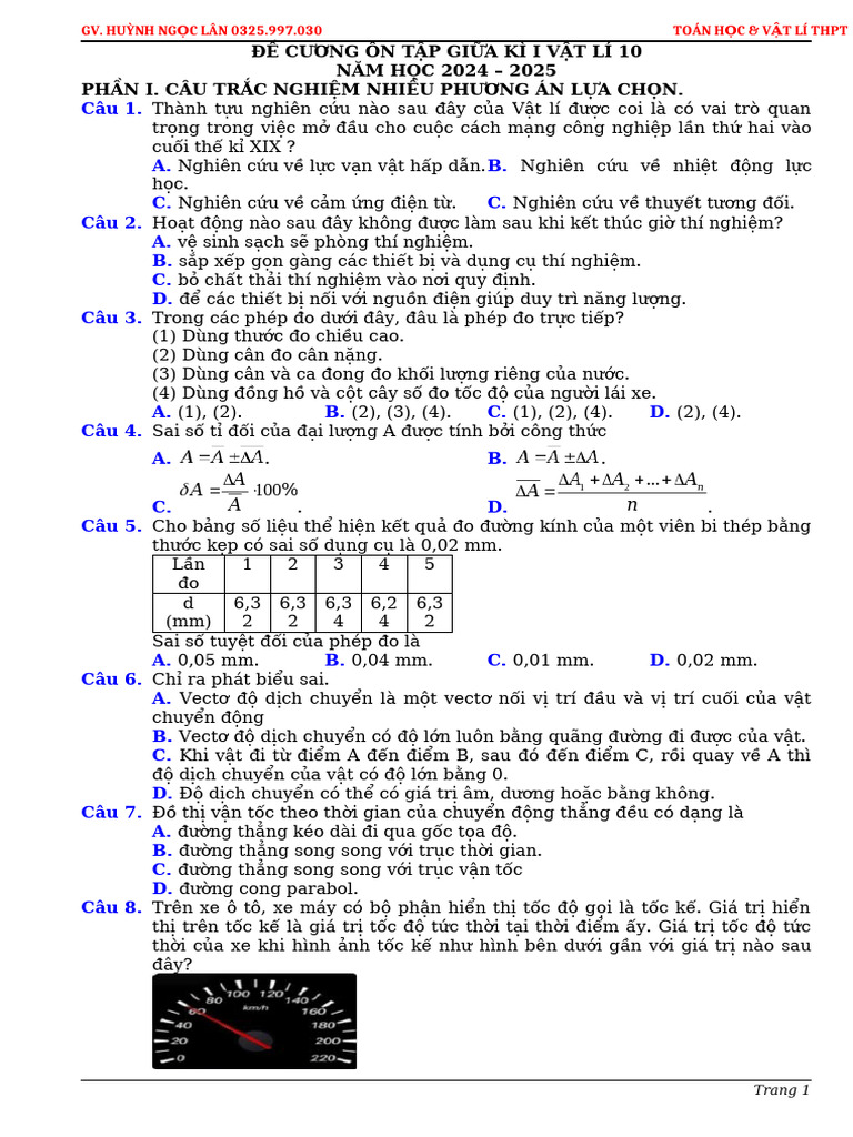 File Hs Đề Cương Ôn Tập Giữa Kì i Vật Lí 10 | PDF