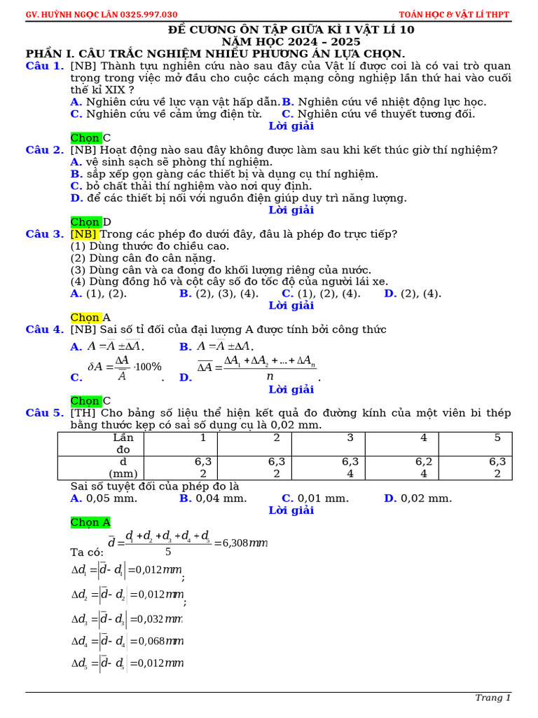 Đề Cương Ôn Tập Giữa Kì i Vật Lí 10 | PDF