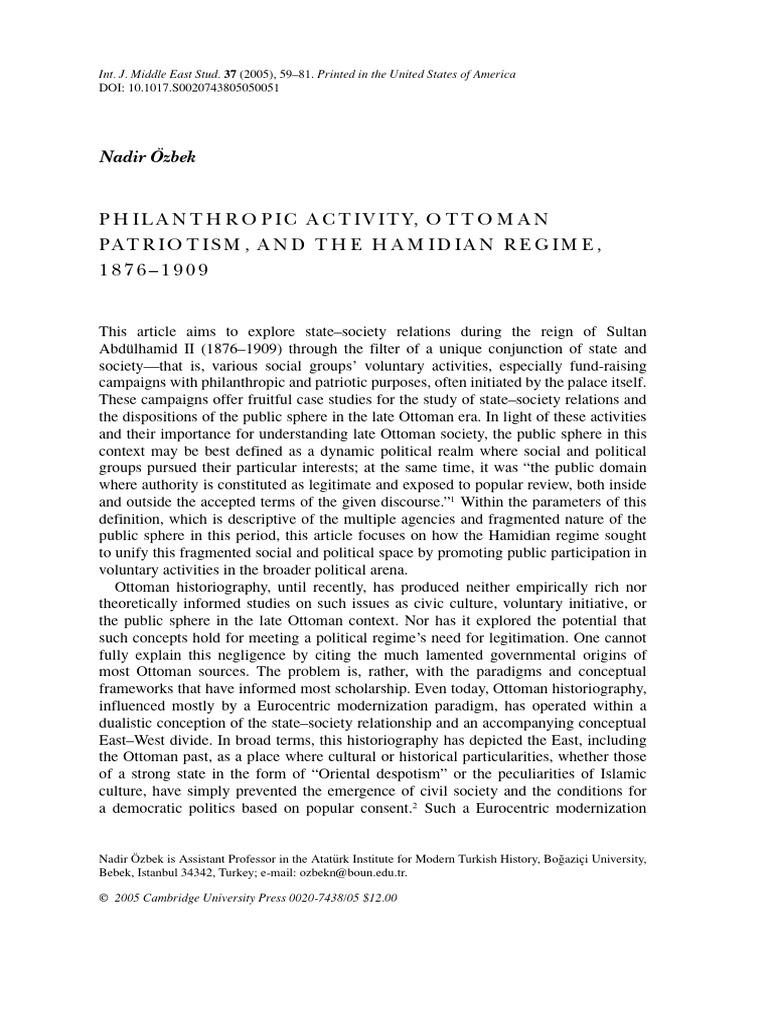 Philanthropic Activity, Ottoman Patriotism, and The Hamidian Regime ...