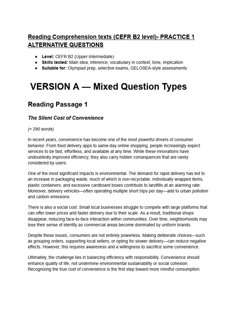 Reading Comprehension Texts (Cefr b2 Level) - Practice 1 Alternative ...