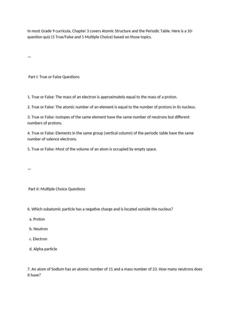 Grade 9 Atomic Structure Quiz | PDF