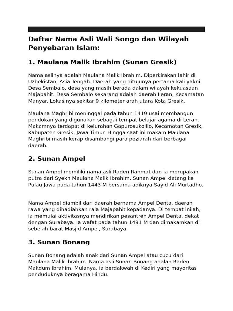 Wali Songo: Nama dan Wilayah Penyebaran Islam | PDF