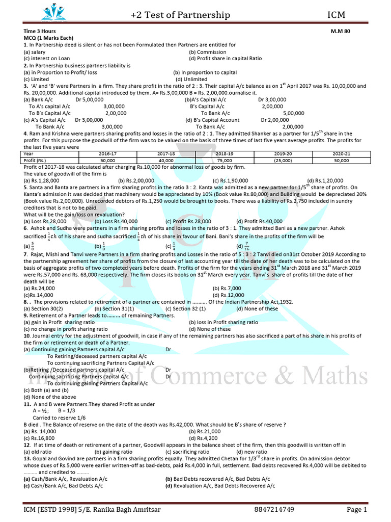 Partnership Test Questions and Answers | PDF | Balance Sheet | Goodwill ...