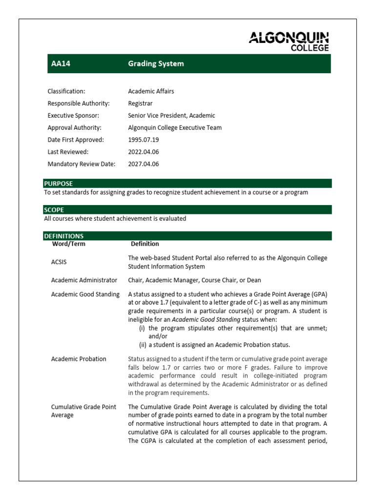Algonquin College Grading System Guide | PDF | Percentage | Rounding