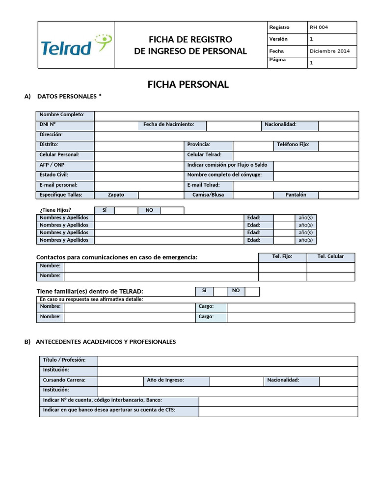 Ficha de Registro de Ingreso de Personal | PDF