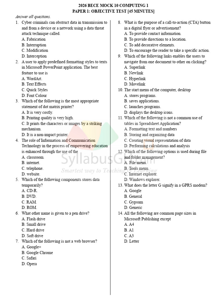 2026 BECE Mock Computing Test Paper | PDF | Printer (Computing ...
