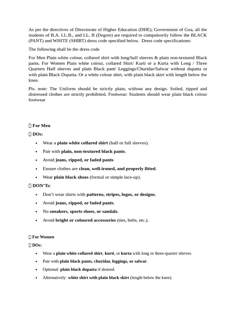 Goa Law School Dress Code Guidelines | PDF