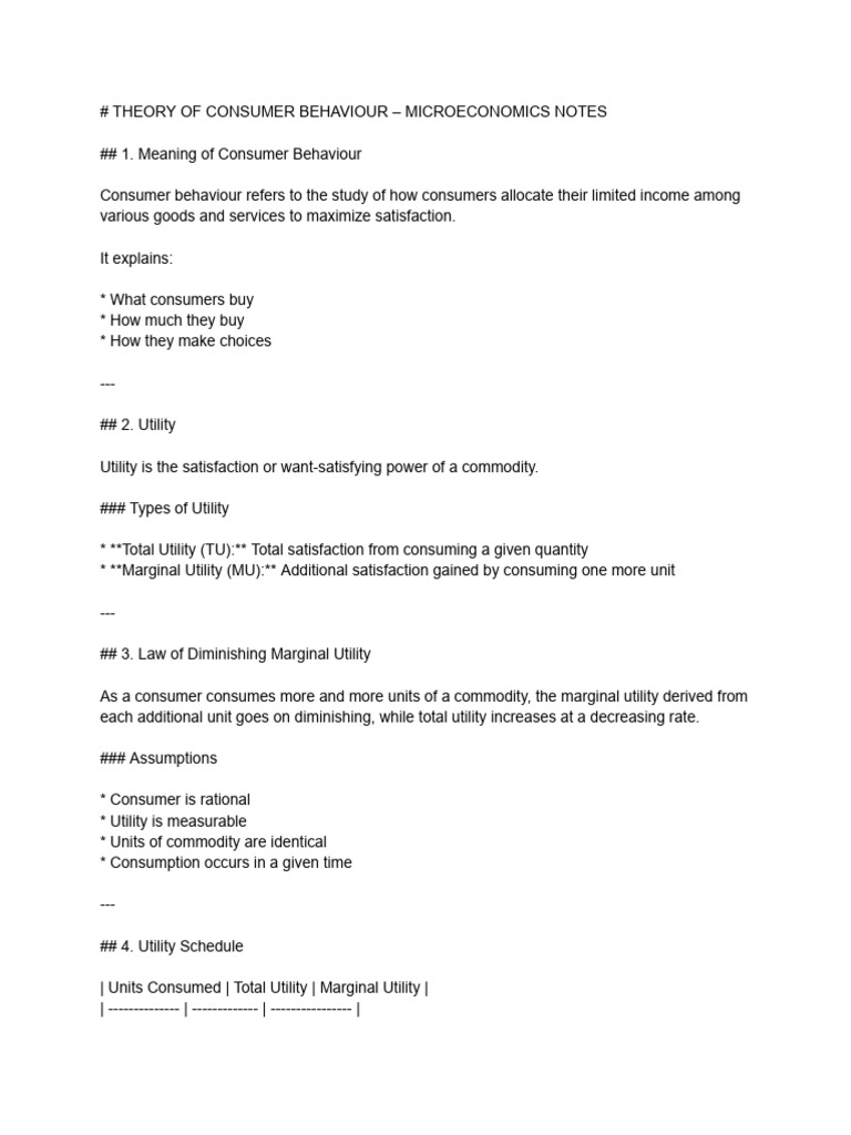 Microeconomics: Consumer Behaviour Theory | PDF | Utility | Marginal ...