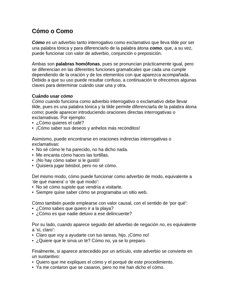 Uso correcto de cómo, como, cuándo y cual | PDF | Adverbio | Oración ...